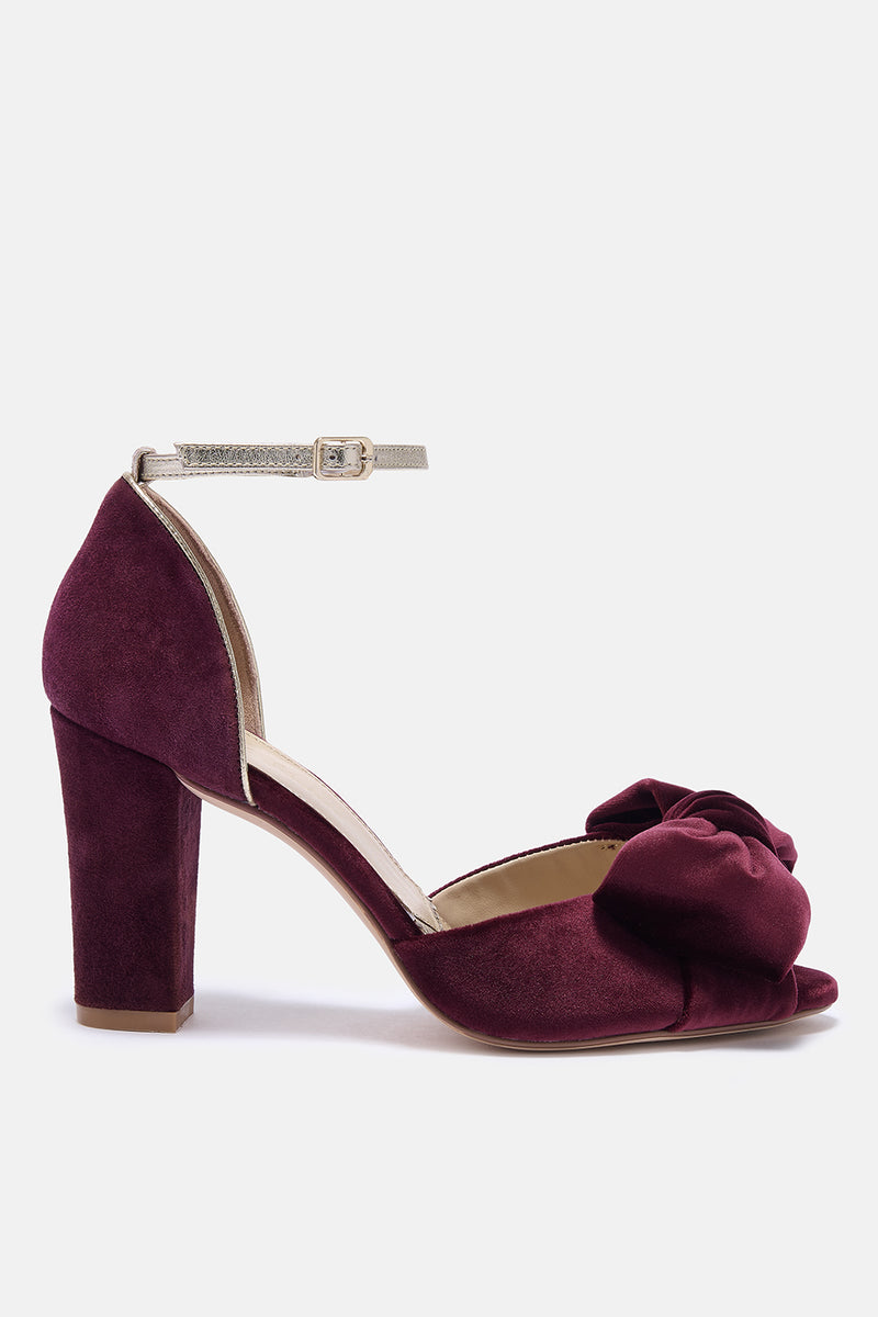 Burgundy Velvet Bow Block Heels | Party Shoes | Rachel Simpson