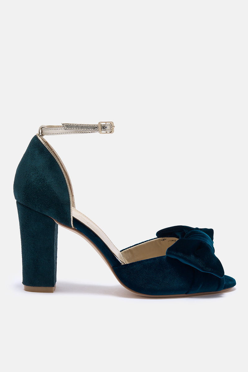 Romilly Teal Velvet Bow Block Heels – Rachel Simpson